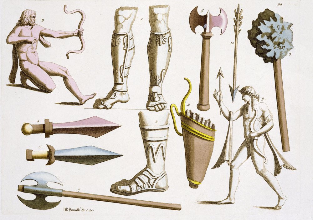 Soldats grecs, armes et armures, planche 38 de 'Le Costume Ancien et Moderne' par Jules Ferrario ...